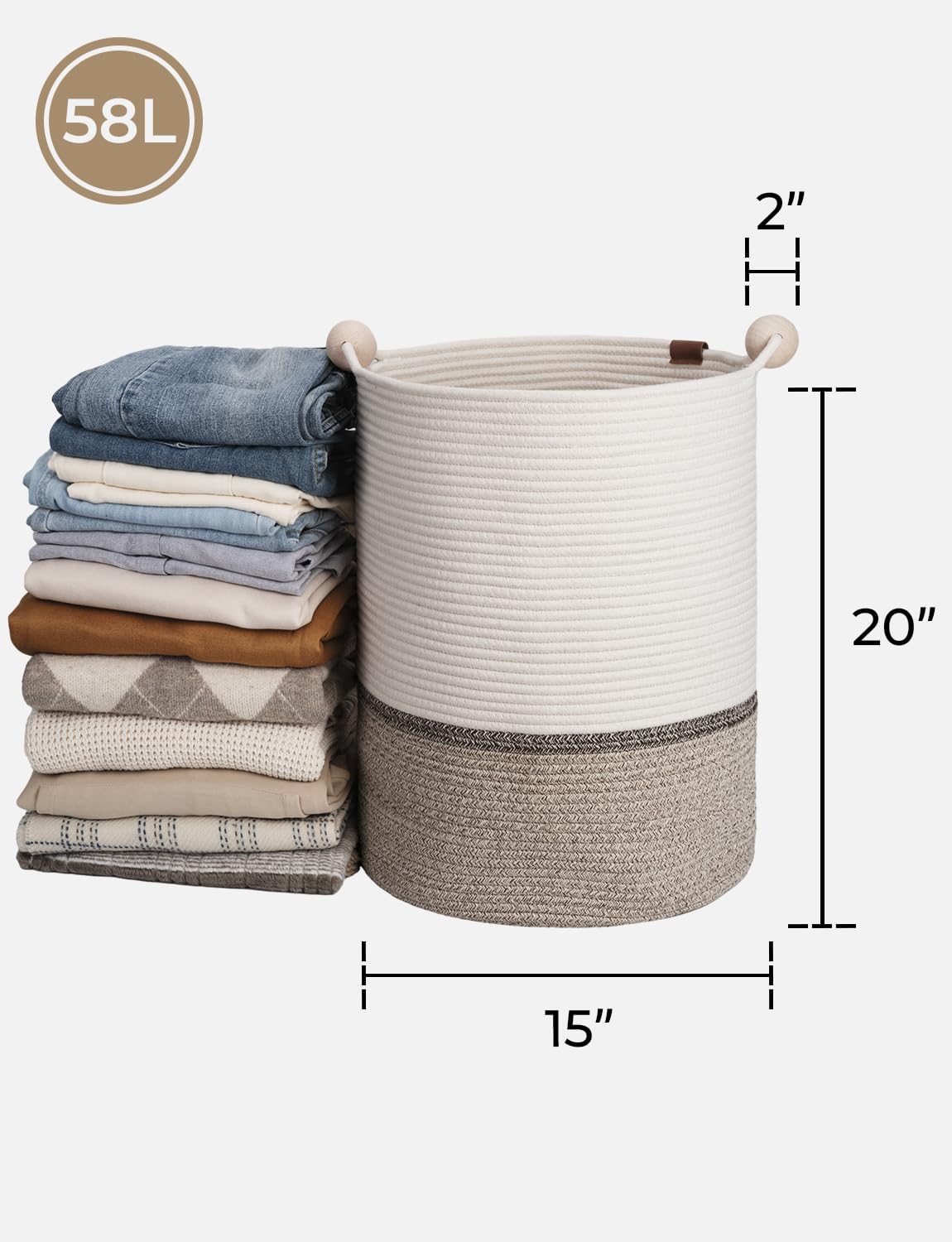 StorageWorks 58L Cotton Rope Laundry Basket with Wooden Beads Handles, Woven Basket for Storage, Dirty Clothes, Kids Toys, Towels, White & Light Brown