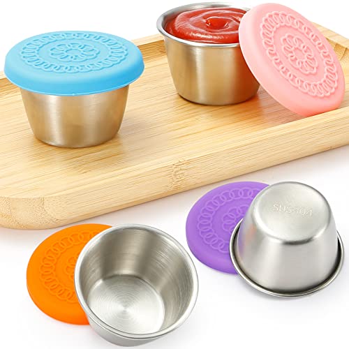 VERFOU Salad Dressing Condiment Container with Lid, 4 Pack 2.7oz Reusable Dip Cup, 304 Stainless Steel Small Food Storage Container with Silicone Lid, Leakproof Sauce Cup Easy Open for Lunch Box