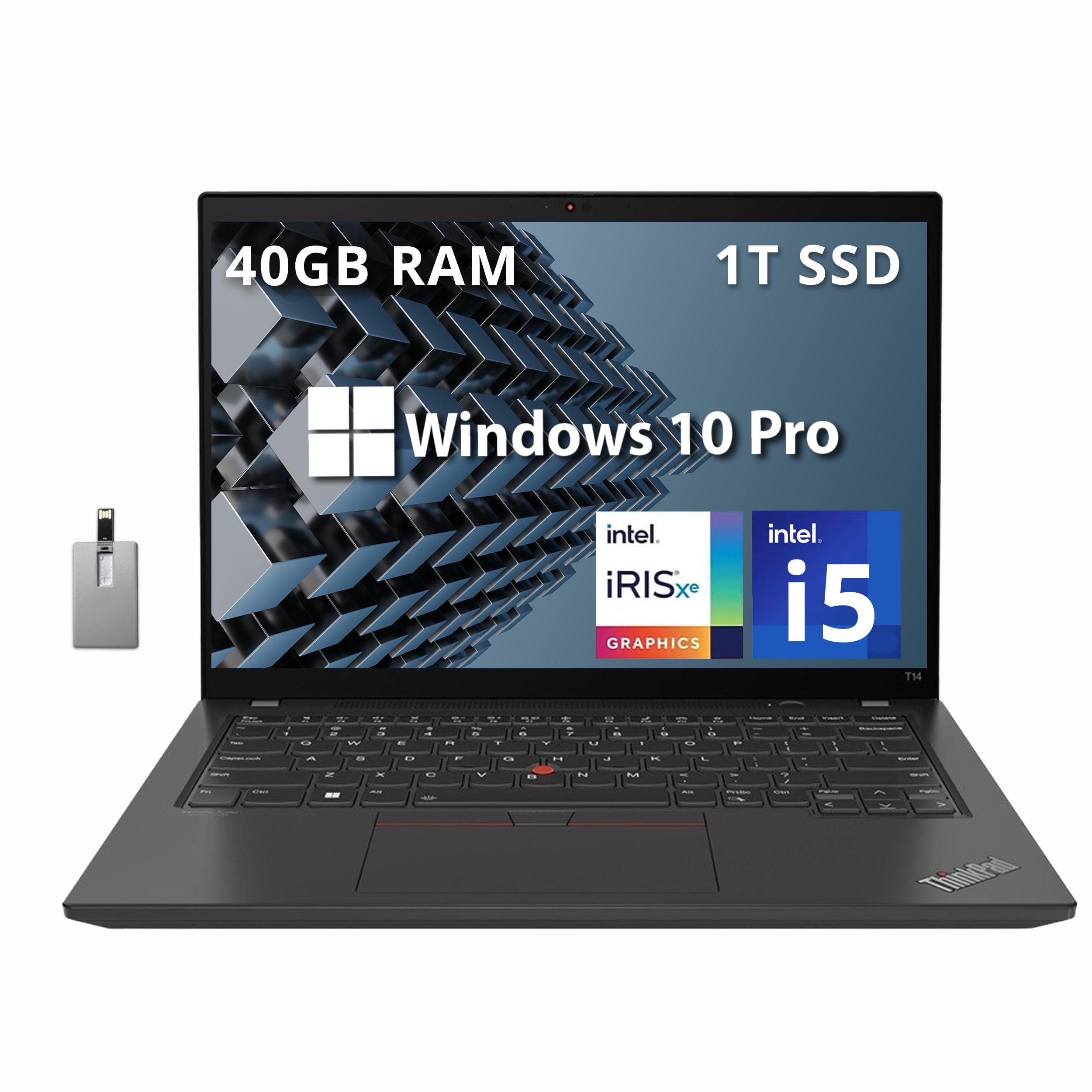 Lenovo ThinkPad T14 14” WQXGA Business Laptop, Intel Core i5-1235U (Beats i7-1165g7),40GB RAM, 1TB SSD, Backlit KB, Fingerprint Reader, Webcam, Wi-Fi 6E, Bluetooth, Black, Win 10 Pro, 32GB USB Card