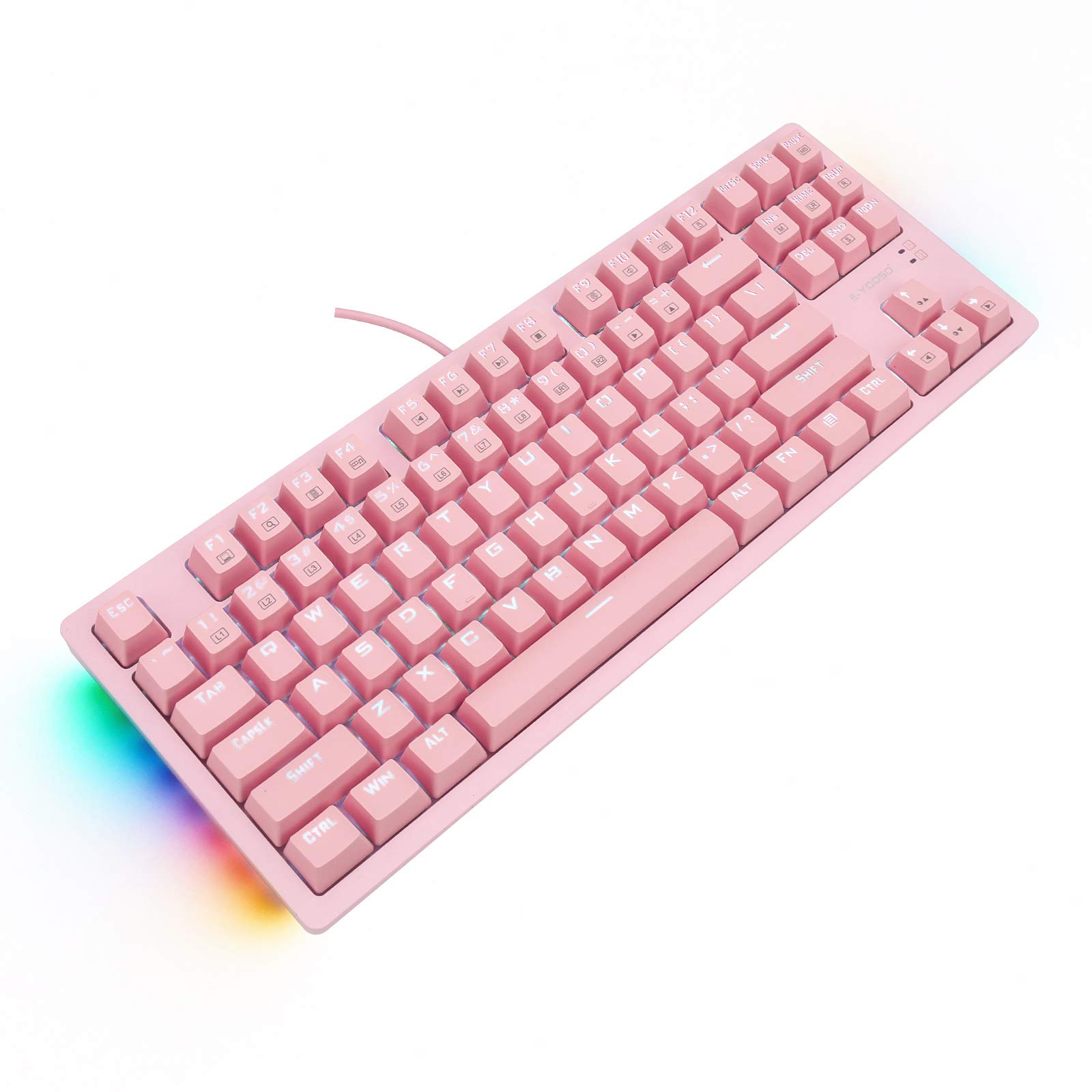 HUO JI E-Yooso K-620 Mechanical Gaming Keyboard, RGB Side Lit and LED Backlit with Blue Switches, Tenkeyless 87 Keys Anti-Ghosting for Mac, PC, Cute Pink