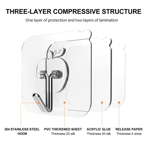 NileHome Adhesive Hooks for Hanging 12 Packs Heavy Duty Wall Hooks Reusable Removable Waterproof Bathroom Hooks Transparent Sticky Hooks for Kitchen Glass Door