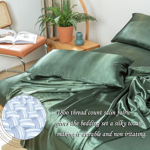 Revdomfly 4 Pcs Luxury Silky Soft Olive Green Satin Sheet Set,1 Premium Moisture Wicking Fitted Sheet Fits Up to 16 Inches Deep Pocket + 1 Flat Sheet + 2 Pillowcases(Olive Green, California King)