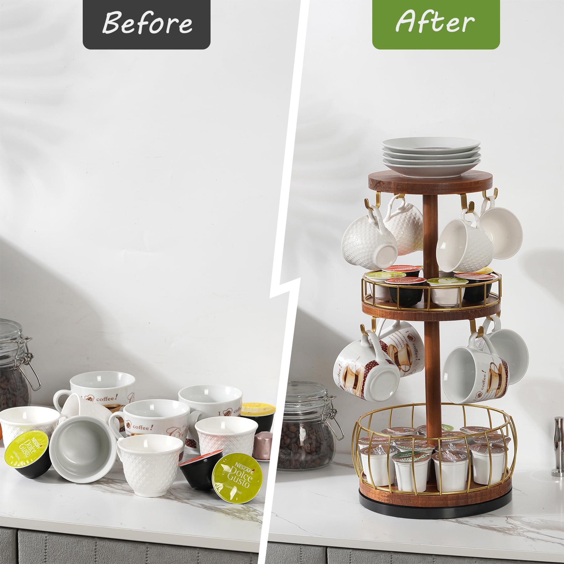 TRSPCWR Mug Tree Countertop, Rotatable Coffee Mug Rack Holder, 3 Tiers Coffee Cup Holder with 8 Mug Hooks, Coffee Pod Holder with Cup Pods & Saucer Basket Storage for Coffee Bar Kitchen Counter