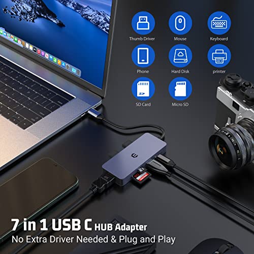 Qhou USB C Hub, 7 in 1 USB Type C Docking Station (USB3.0, HDMI, PD, SD/TF) Compatible with MacBook Pro, Samsung Galaxy S9/S8, Surface Book 2, Dell XPS 13/15, Pixelbook and More