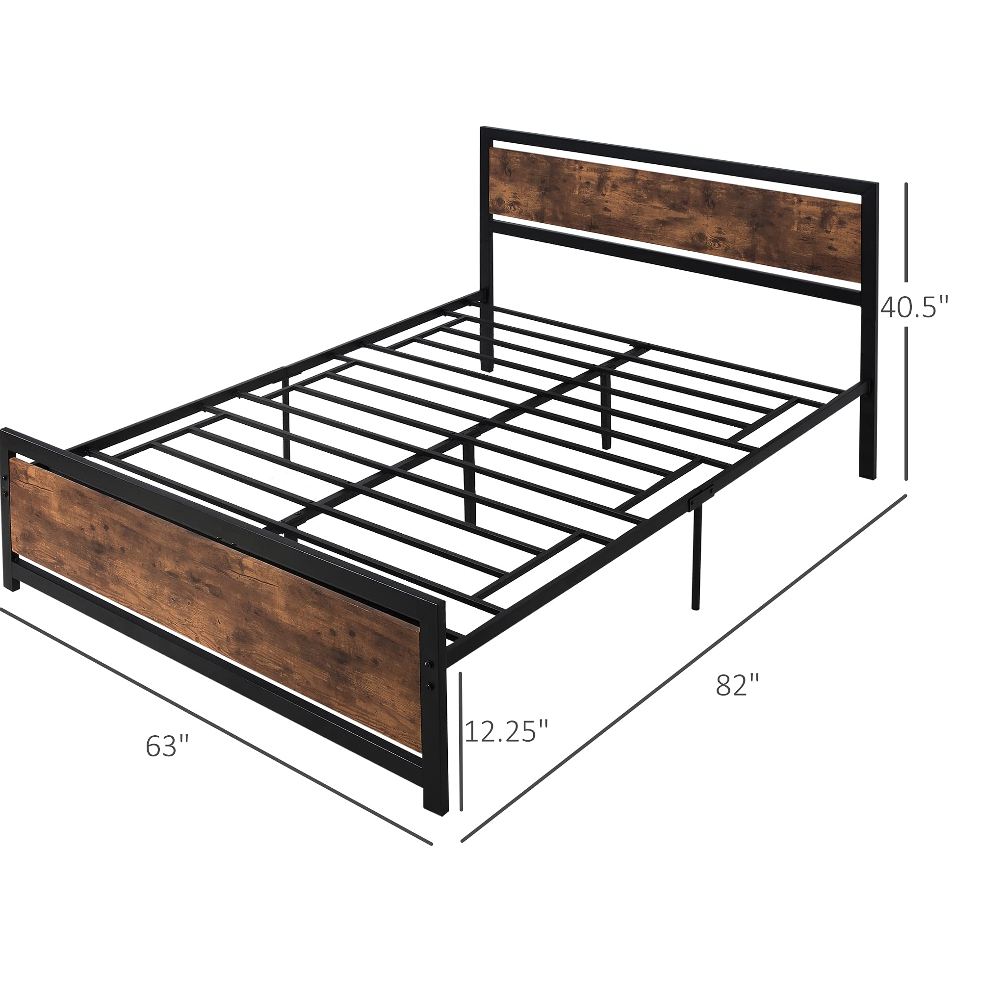 HOMCOM Queen Bed Frame with Headboard & Footboard, Strong Metal Slat Support Bed Frame w/Underbed Storage Space, No Box Spring Needed, 63''x82''x40.5''