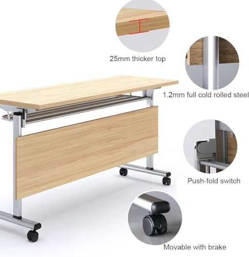Foldable Conference Table, Meeting Tables Set of 3 Modern Wooden Office Folding Flip Top Mobile Training Table with Silent Wheels,Rounded Corner for Office,Meeting Room,Classroom (180 * 60 * 75)