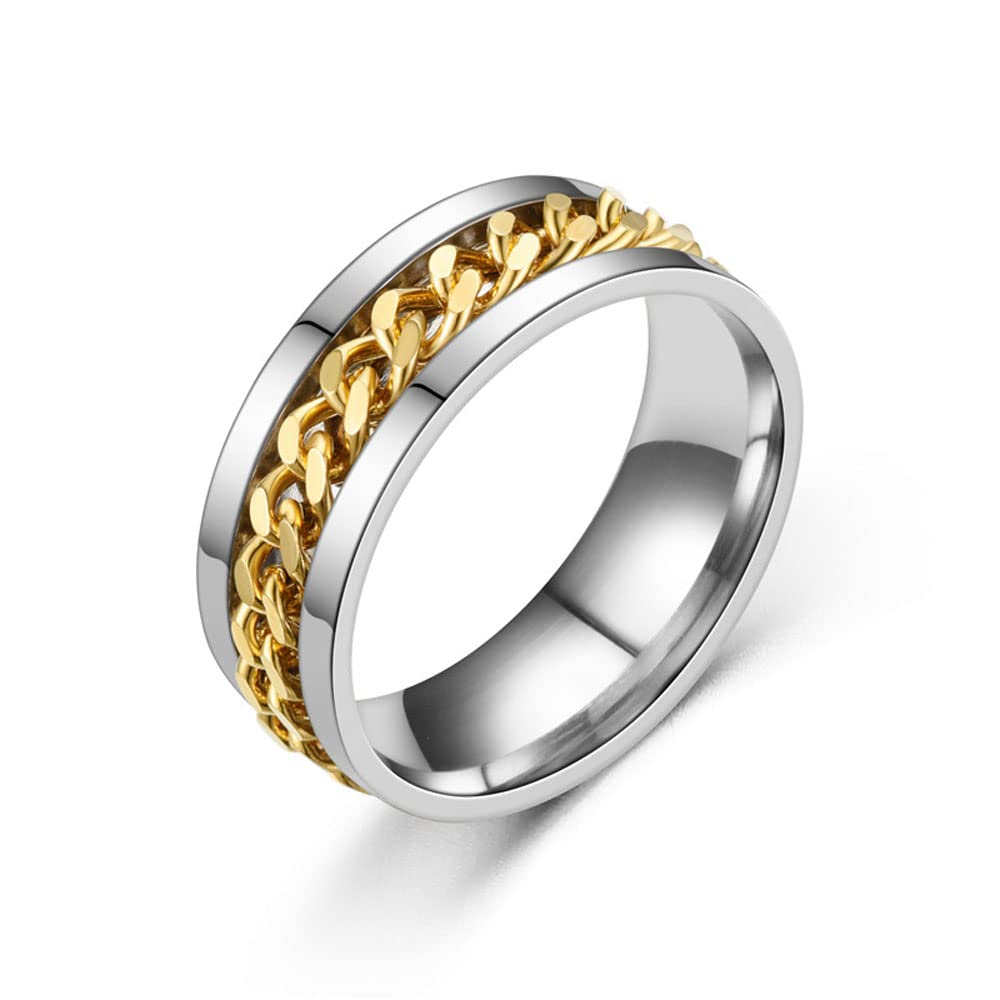 Hibijou Stainless Steel Spinner Ring for Men Women Chain Rings Biker Grooved Edge Fidget Bands with Chain Fidget Ring for Anxiety Relieving
