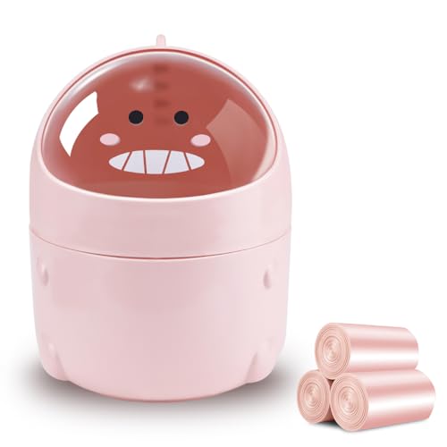 TIE-DailyNec Desktop Trash Can with 90 Trash Bags, Cute Creative Trash Can Plastic Storage bin, Waste Basket Garbage Can for Bathrooms Kitchens Offices Dressing Table (Pink)