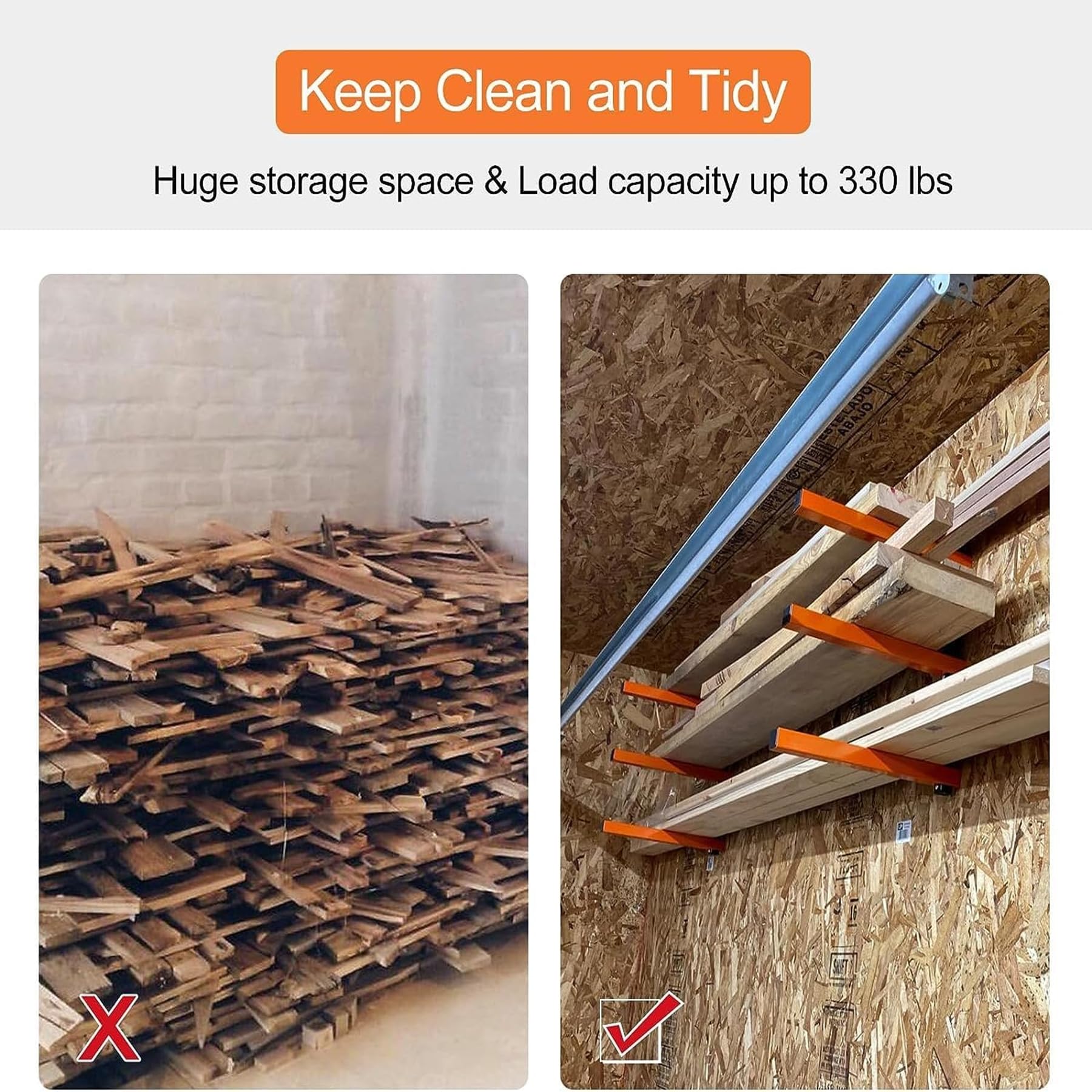 Ultrawall Wall Mount Wood Organizer Racks, Lumber Storage Metal Racks with 3-Level - Indoor & Outdoor Use, 2 Pack