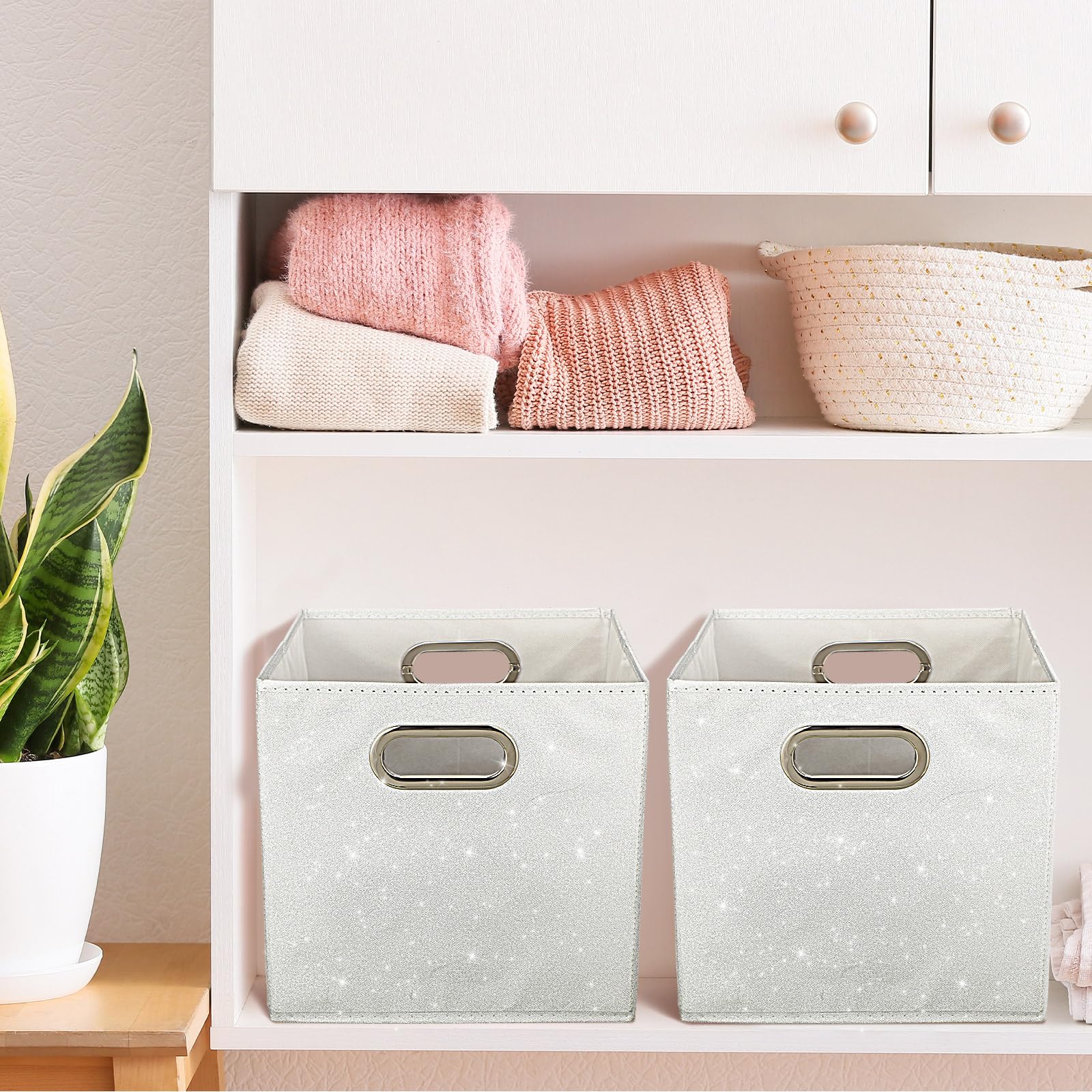 Tioncy 6 Pcs Silver Storage Cubes Shiny 11 x 11 x 11 Inch Storage Basket with Handles Collapsible Storage Bins Container Fabric Large Toys Clothes Organizer Box for Home Desktop Closet Shelf