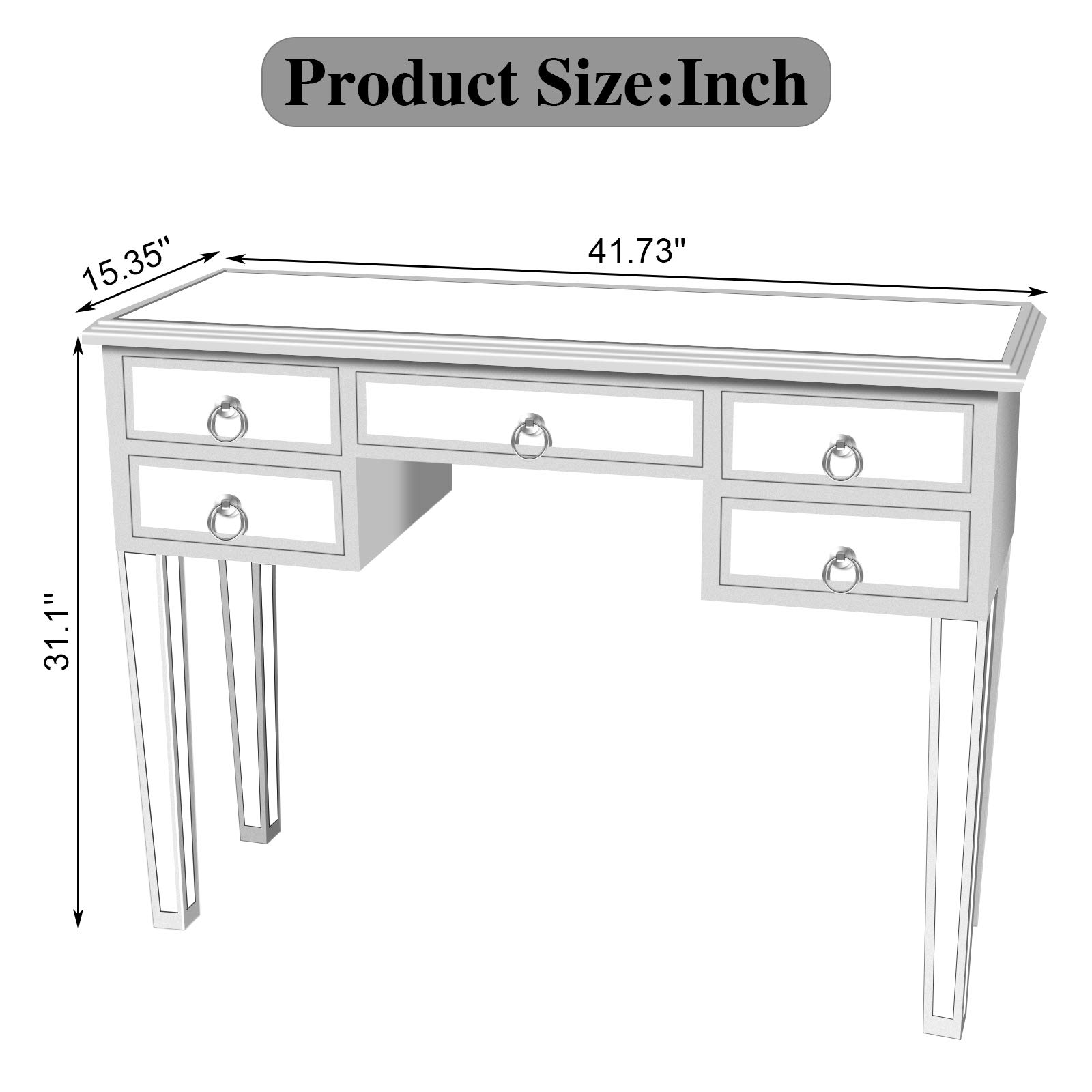 Henf Mirrored Makeup Vanity Table Desk,Mirrored Console Table, 5 Drawers Media Console Table for Women Home Office Writing Desk Smooth Finish