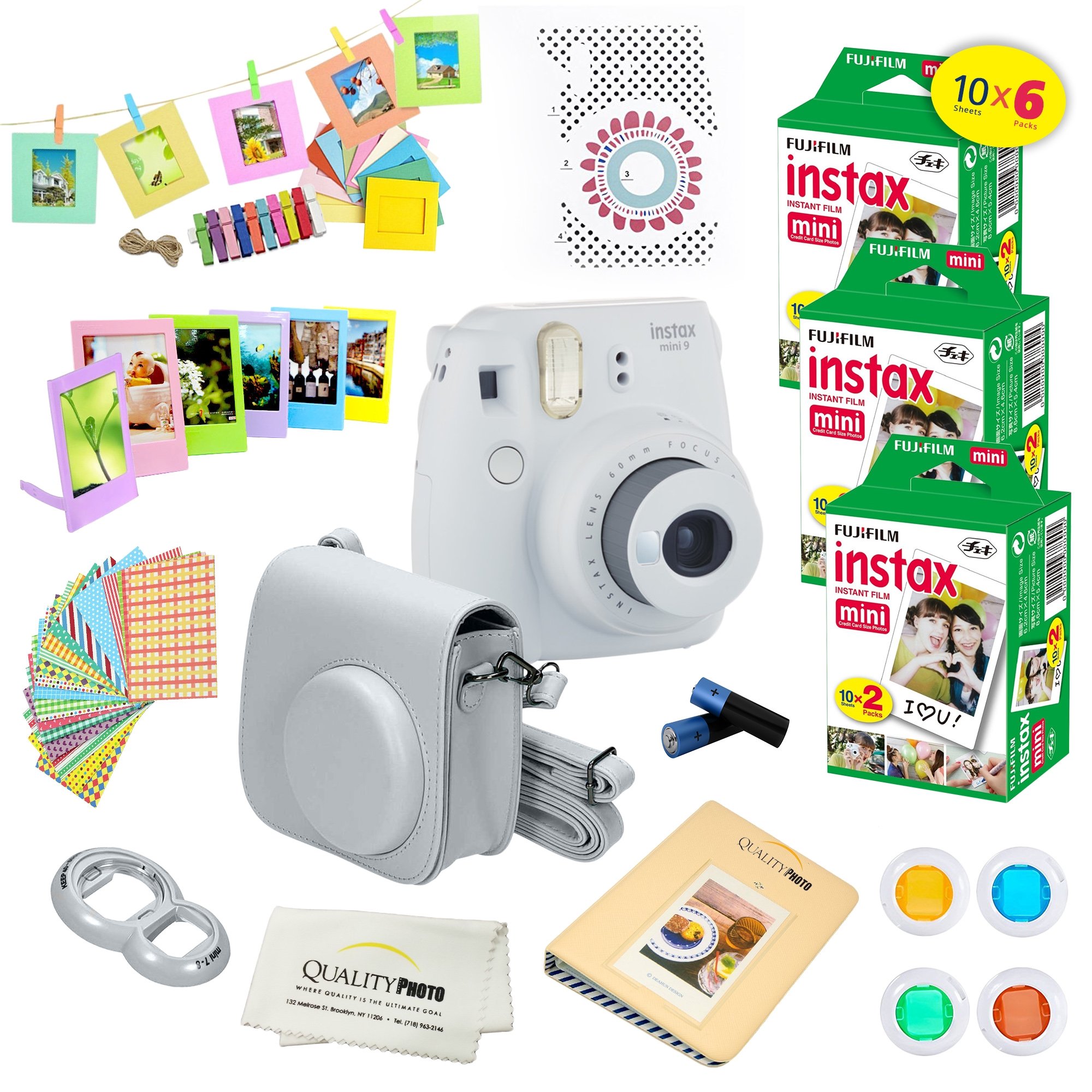 Fujifilm Instax Mini 9 Instant Camera Smokey White w/Fujifilm Instax Mini 9 Instant Films (60 Pack) + A14 Pc Deluxe Bundle for Fujifilm Instax Mini 9 Camera…