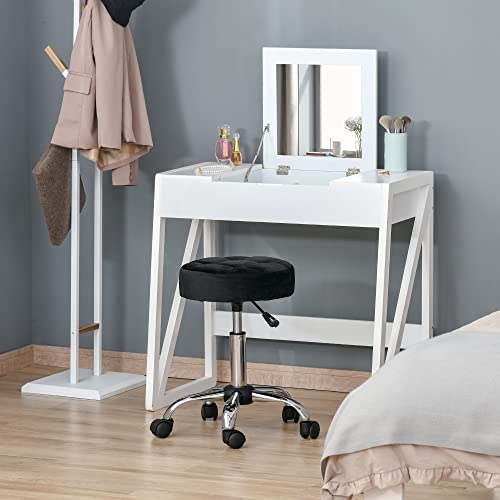 HOMCOM Round Rolling Stool with Height Adjustable Lift, Vanity Chair with Luxury Style Upholstery, Office Chair with Swivel Seat and Wheels for Work Spa Salon, Black