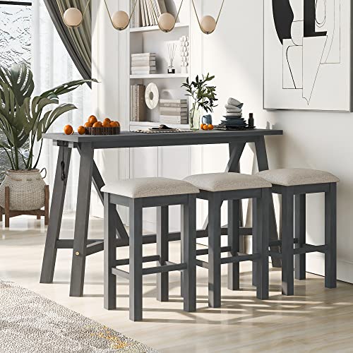 RuiSiSi 4 Piece Counter Height Bar Table Set Farmhouse Counter Height Dining Room Table Set with 3 Bar Stools, Gray