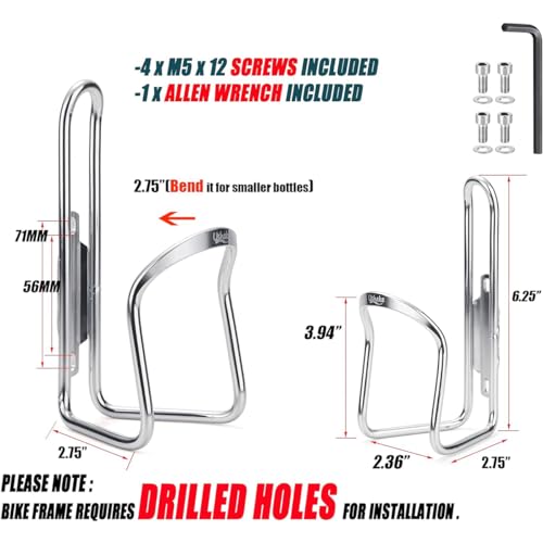 USHAKE Water Bottle Cages for MTB Bikes - Lightweight Aluminum Alloy Holder Brackets - Easy to Install with Drilled Holes - 2 Pack Silver