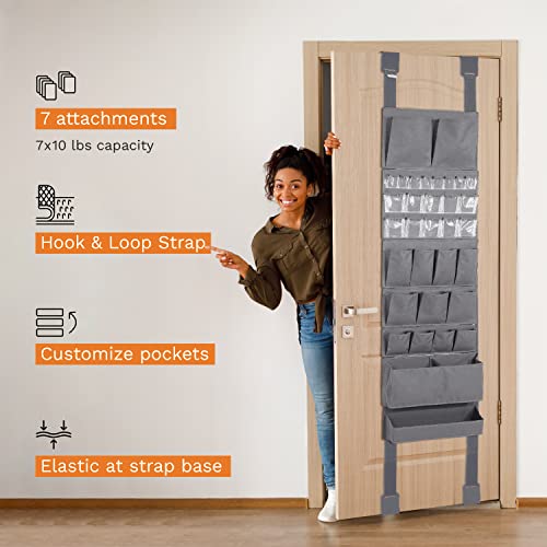 Over The Door Hanging Organizer Storage Wall Mount Premium Durable with 7 Unique Large Pockets Customizable Metal Door Hooks 17β Wide * 73β Long Closet Organizer Office Home Easy to Setup Grey