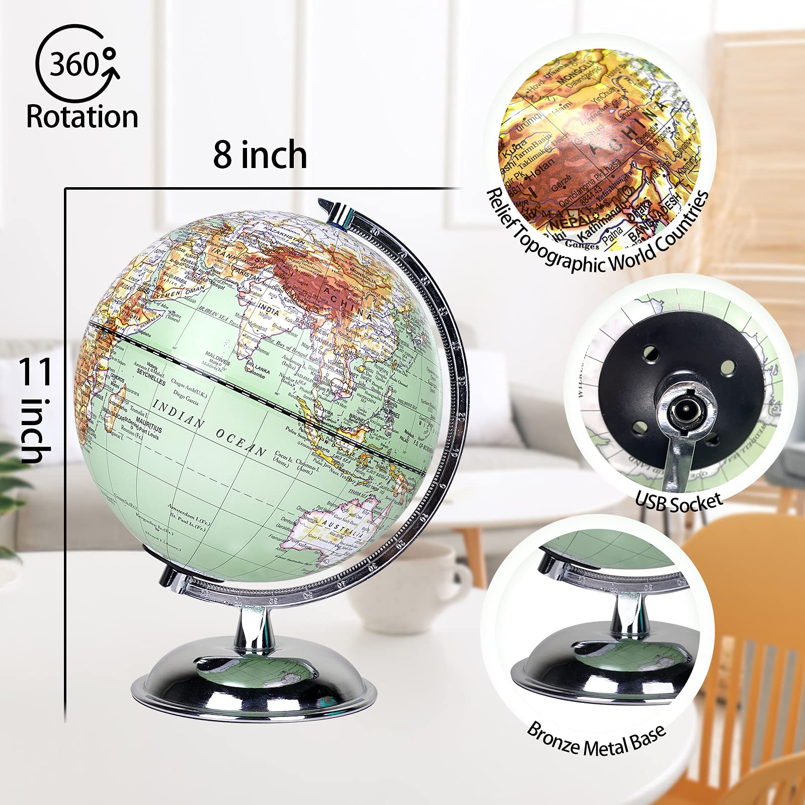 Globe for Kids Learning, 8 Inchs Relief Interactive World Globe Illuminated Night Light Built-in LED Decor Discovery World Educational Toys for Cafe Home and Office Decoration Gift