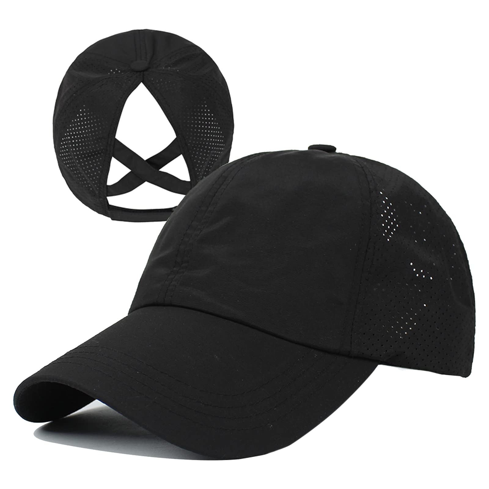 HGGE 2 Pack Womens Criss Cross Ponytail Baseball Cap Adjustable High Messy Bun Ponycap Quick Drying Dad Hat for Outdoor Sports Travel Black & White