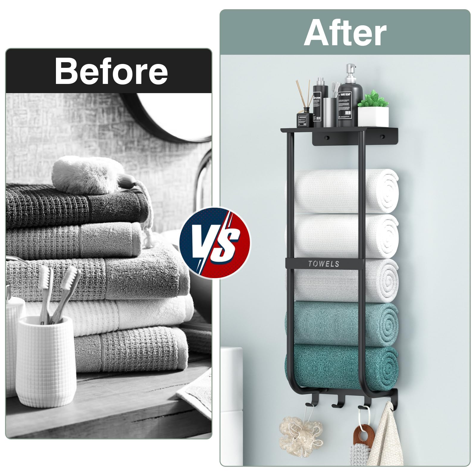 Towel Racks for Bathroom, Black Towel Rack Wall Mounted, Towel Holder for Bathroom Wall, Bath Towel Shelf with Hooks,Stainless Steel Towel Organizer,Bathroom Towel Storage for Rolled Towels.