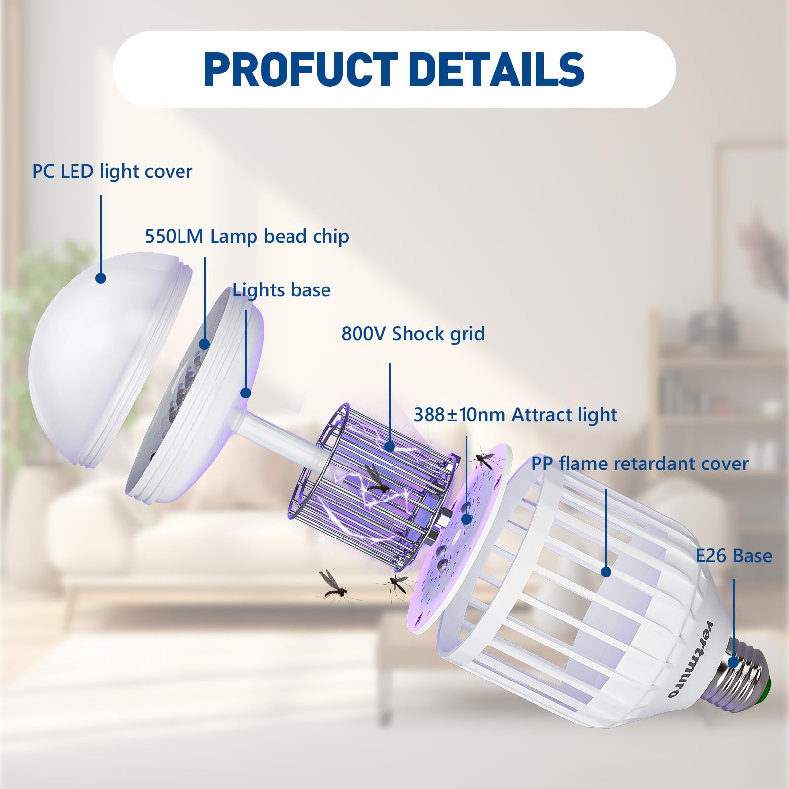vertmuro Bug Zapper Light Bulb, 2-in-1 Indoor Electric Mosquito Killer Lamp with UV LED Light, Fly Insects Trap for Home Entryway Balcony Patio(1 Pack)
