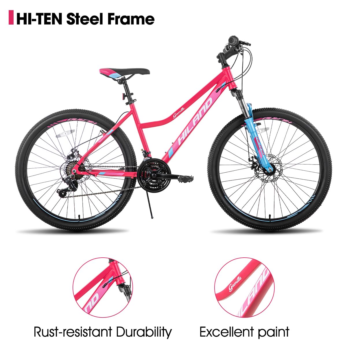 HH HILAND 26 Inch Womens Mountain Bike, with Step-Through Frame, 21 Speeds, Suspension Fork MTB, Bicycle for Women Men Adult Pink