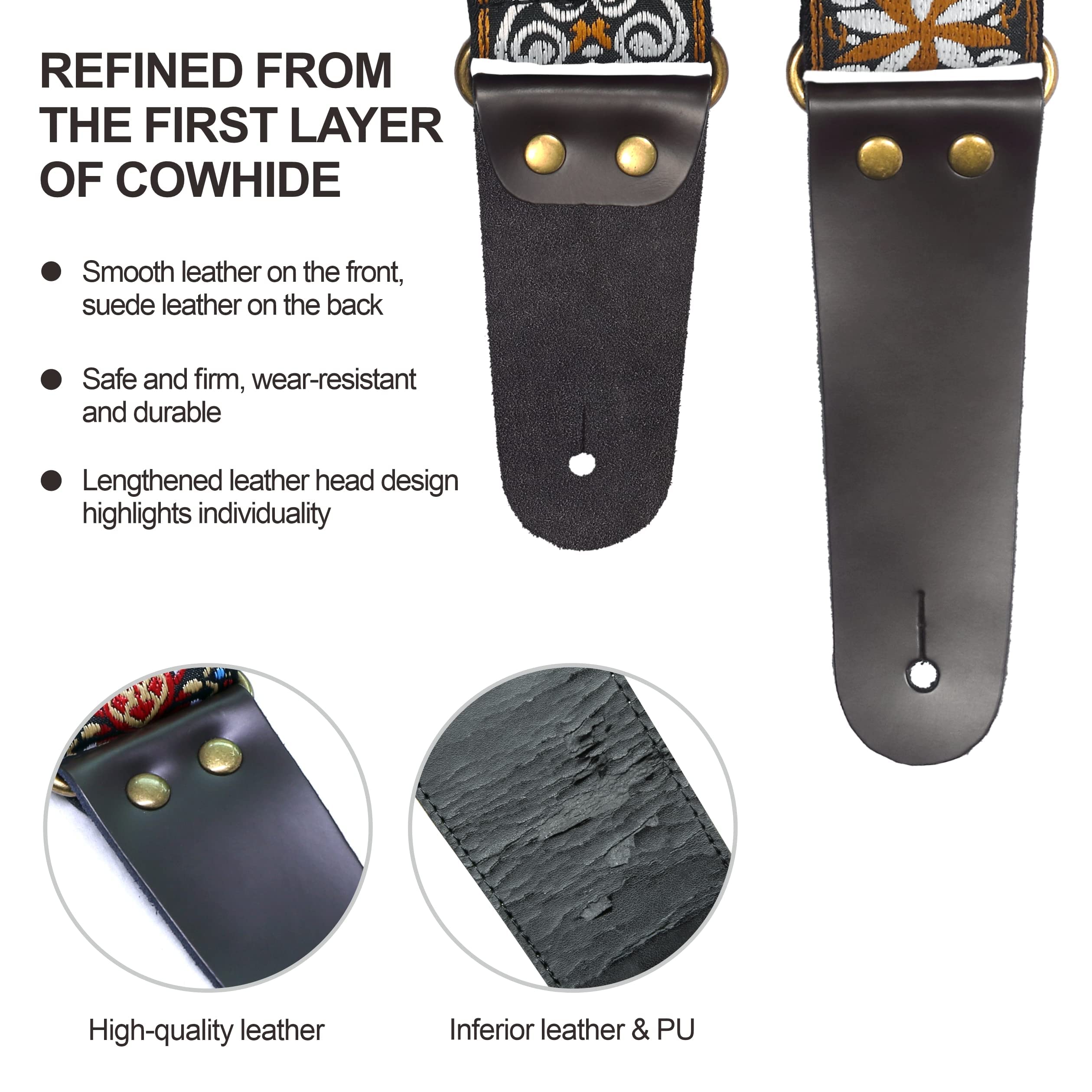 Guitar Strap, Vintage Embroidered Cotton Guitar Straps with Genuine Leather Ends for Bass, Electric & Acoustic Guitars, Come with Free Strap Button, 1 Pair Strap Lock and 4 Guitar Pick (Yellow Flower)