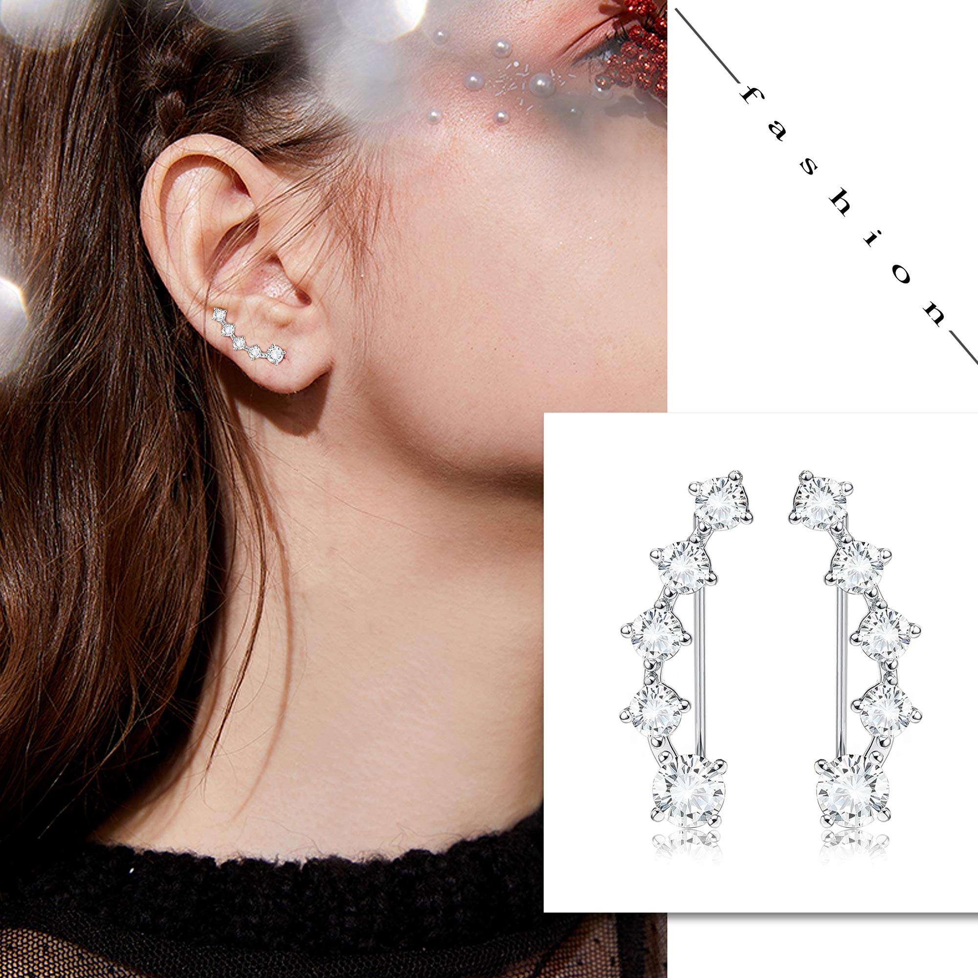 FUNRUN JEWELRY 8 Pair Ear Cuff Hoop Climber Earring CZ Arrow Leaf Crawler Earring Set for Women Ear Jacket