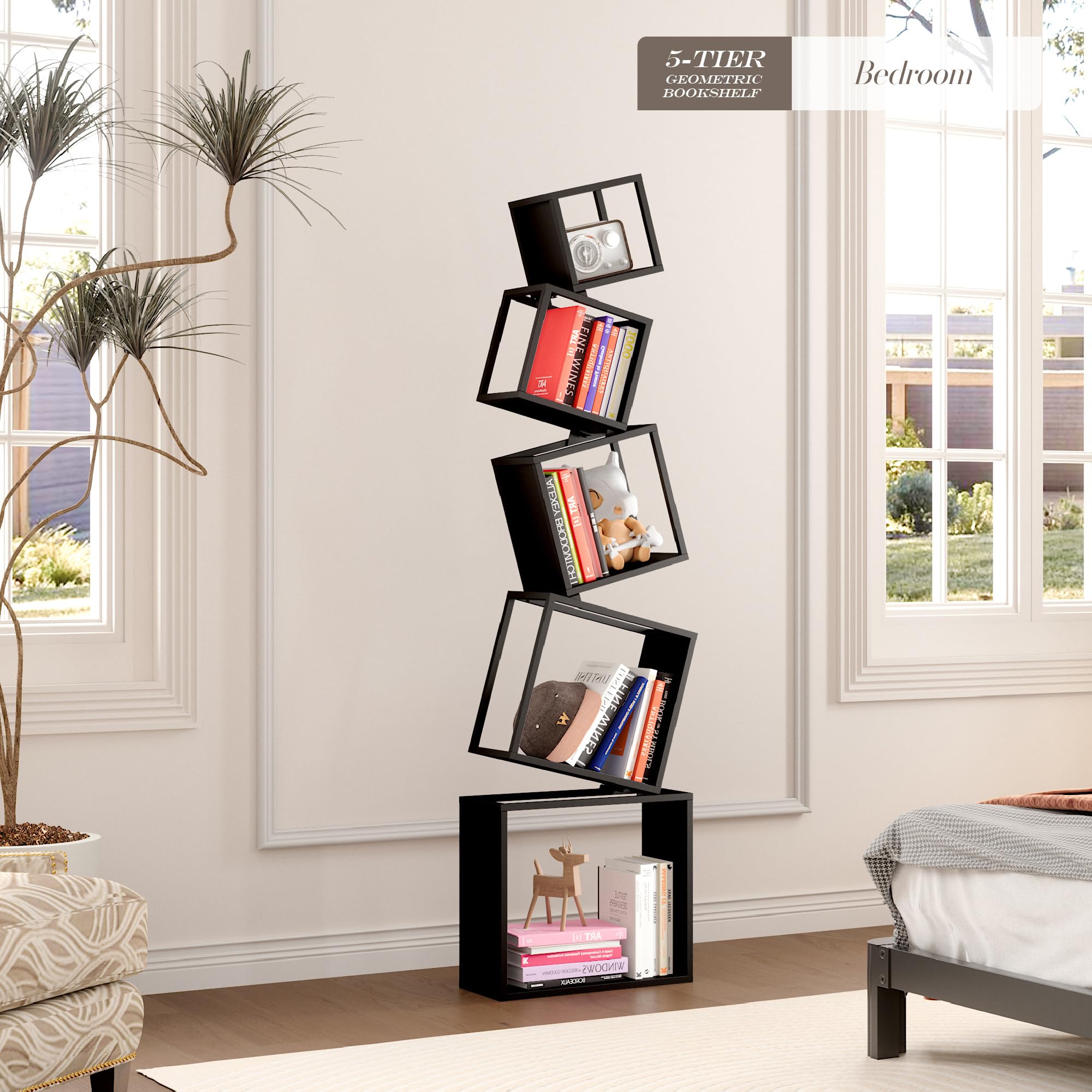 Sttoraboks Bookshelf, 5-Tier Geometric Bookcase, 70.6" Tall Black Book Organizer, Industrial Bookshelf, Book Case, Corner Book Shelf, Display Shelf, Storage Shelves for CDs/Books/Home Décor