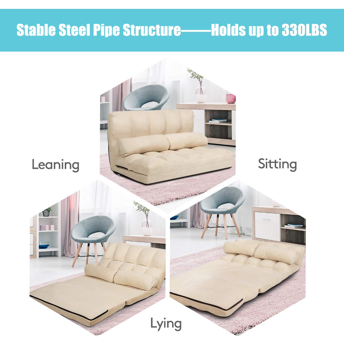 Giantex Adjustable Floor Sofa, Foldable Lazy Sofa Sleeper Bed 6-Position Adjustable, Suede Cloth Cover, Floor Gaming Sofa Couch with 2 Pillows for Bedroom/Living Room/Balcony (Beige)