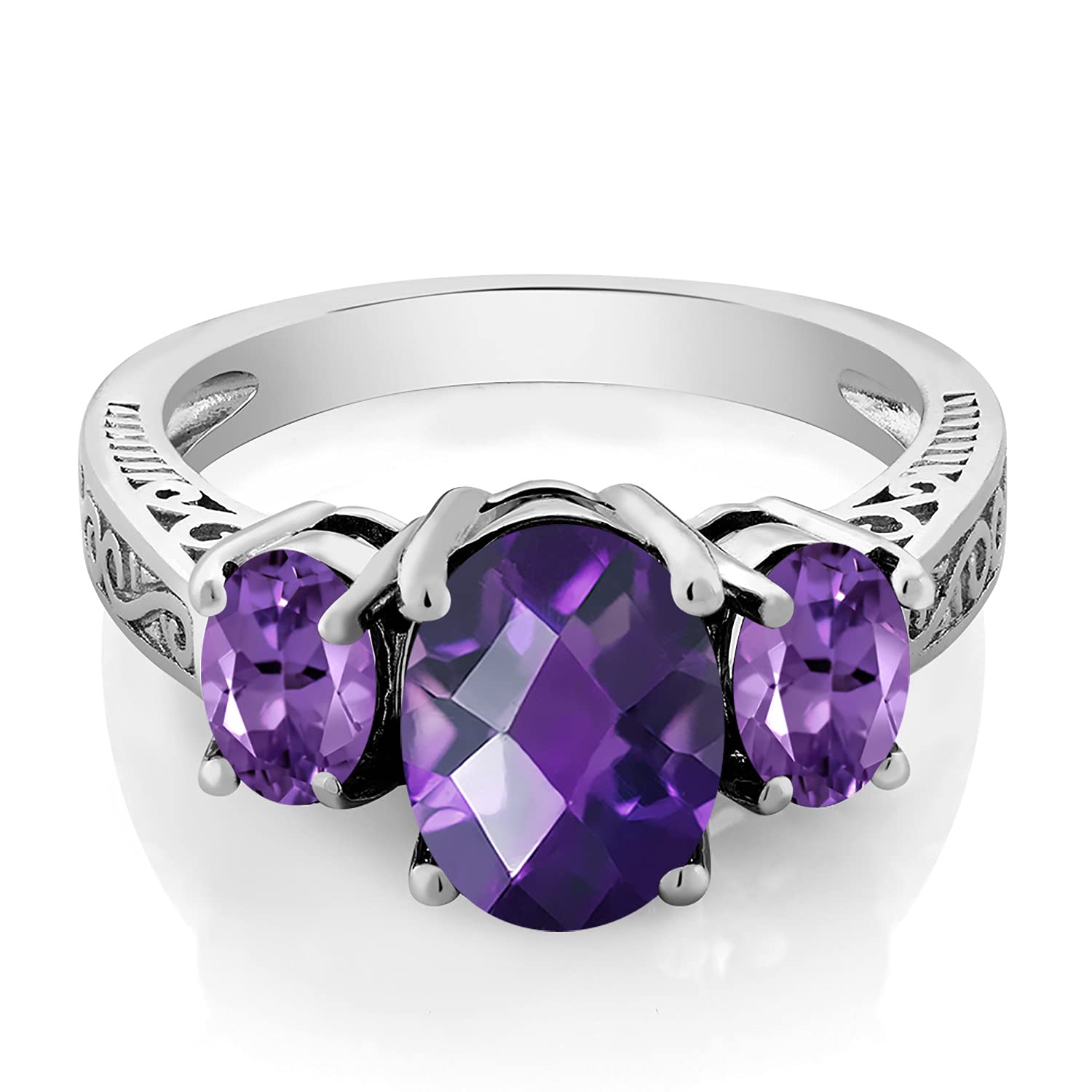Gem Stone King 925 Sterling Silver Gemstone Birthstone 3-Stone Ring | Oval 9X7MM and 6X4MM | Three Stone Wedding Engagement Anniversary Promise Ring For Women