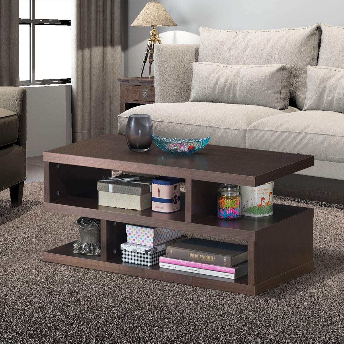Giantex Coffee Table, Rectangular Tea Table with Storage Shelf, 3-Tier Sofa Table, Modern Console Table, Space Saving Organizer, Furniture for Home Living Room Office, Brown (Brown)