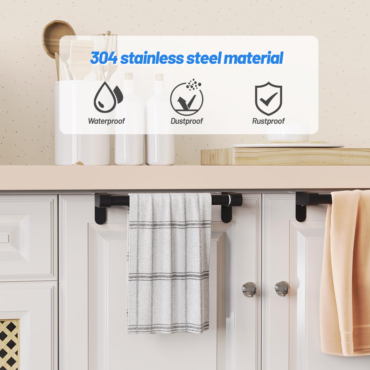 VEHHE Kitchen Towel Holder, Retractable Towel Rack, Over Door Towel Rack with Hooks Adjustable to Door Thickness, EVA Foam Pad, L10.4~16.9 X W0~1.2 X H2.4 inches (Silver)