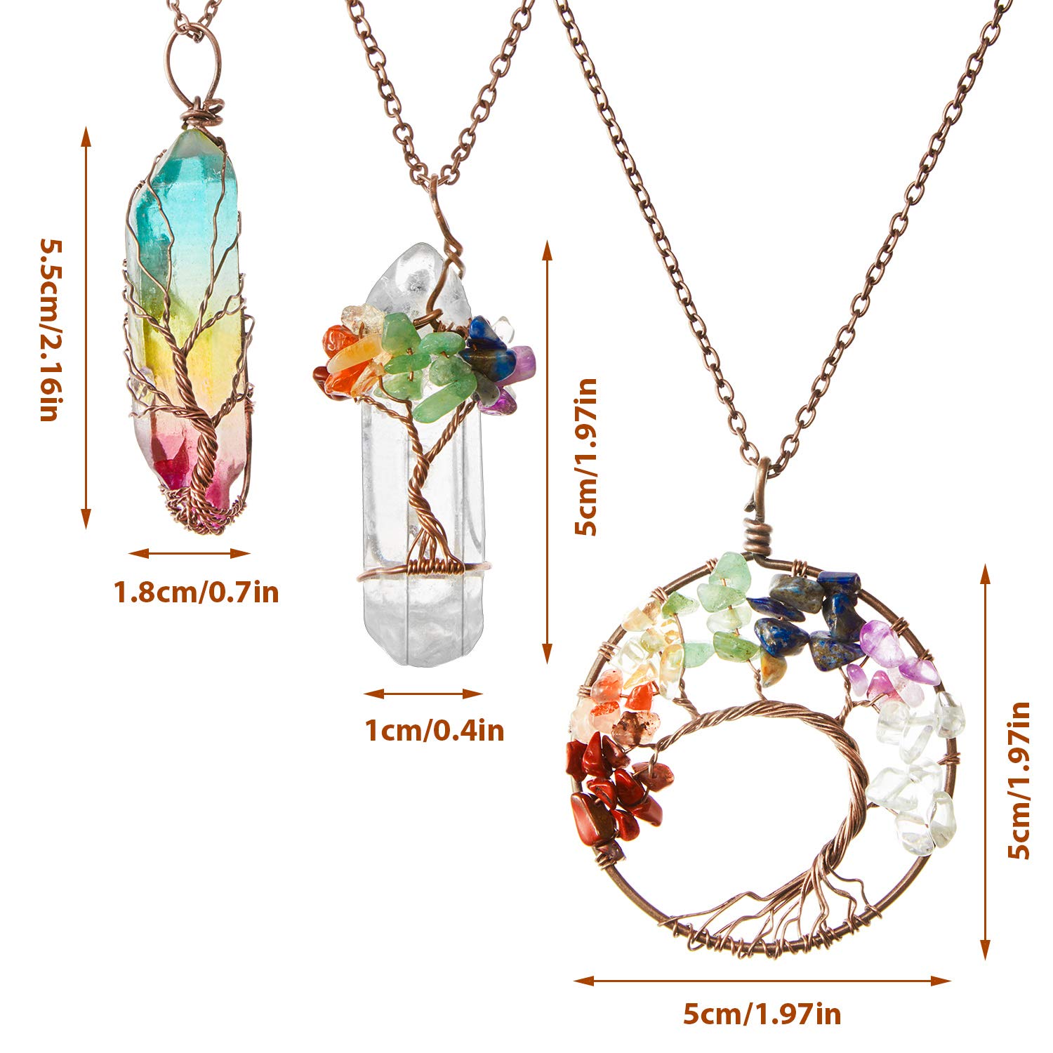 Hicarer 3 Pieces Tree Life Pendant Tree Life Quartz Crystal Pendant Necklace Chakra Gemstone Copper Wire Wrap Necklace