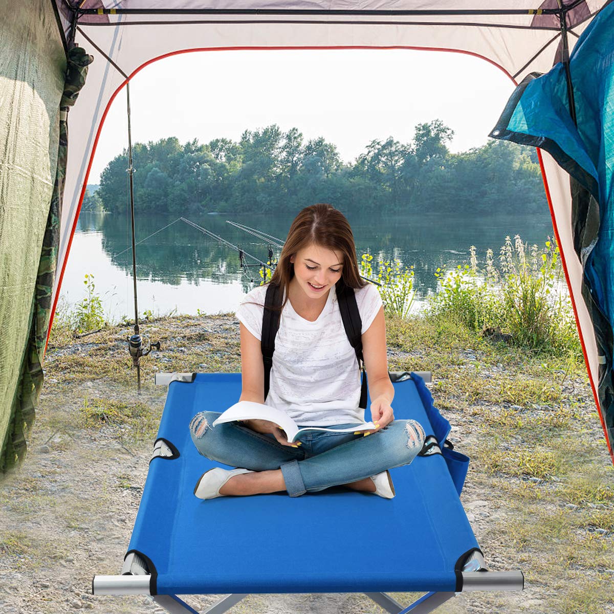 Goplus Folding Camping Cot, Heavy-Duty Foldable Bed for Adults Kids W/Carry Bag, Side Pockets, 450 lbs (Max Load), Outdoor Portable Sleeping Cot for Traveling (Gray)