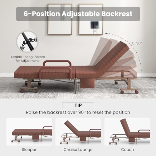 Giantex Folding Bed with Mattress, Foldable Portable Guest Bed w/Adjustable 6 Position & Side Storage Pocket, Fold up Bed on Wheels for Home, Roll Away Beds with Mattresses for Adults, Brown