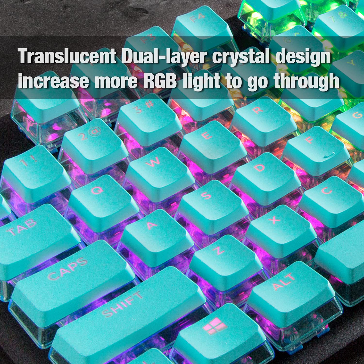 GUNMJO Crystal Pudding Keycap for Gaming Keyboard with Cherry MX Switches, ABS Translucent Keycaps for Backlit Mechanical Keyboard, OEM Profile 104 Keys with 6.25U Space Bar, Painted Teal Color