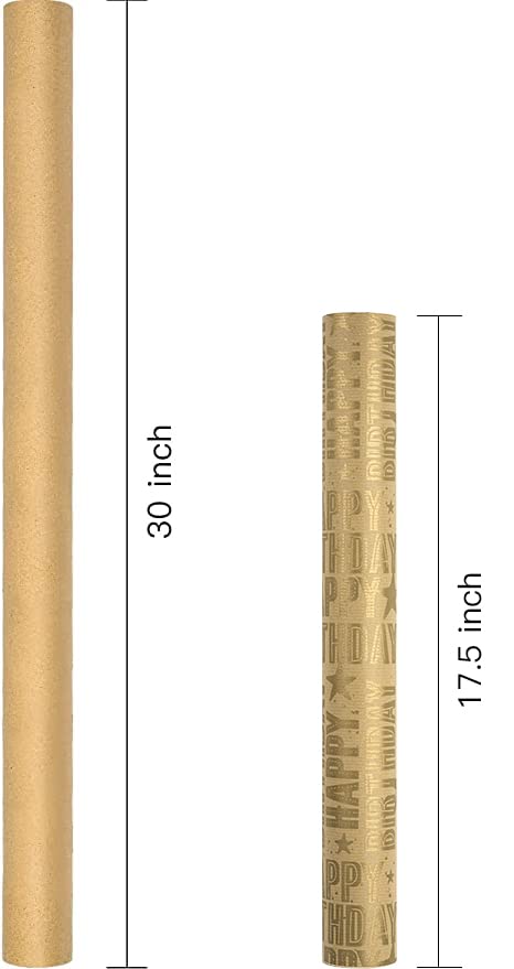 RUSPEPA Kraft Wrapping Paper Roll - Gold Happy Birthday Pattern Great for Birthday, Party, Baby Shower - 17.5 Inches X 32.8 Feet