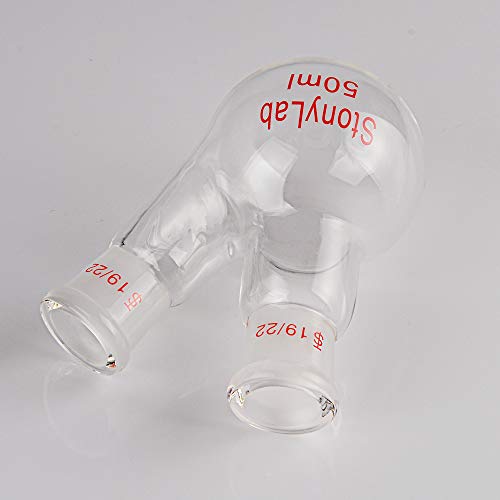 StonyLab Glass 50ml Heavy Wall 2 Neck Round Bottom Flask RBF, with 19/22 Center and Side Standard Taper Outer Joint - 50mL