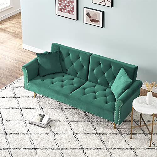 PBOGHLRD Convertible Velvet Loveseat Sofa, Upholstered Nail Head Futon Sofa Bed with Two Pillows, Modern Sleeper Couch Bed for Living Room, Bedroom, Home Office (Green)