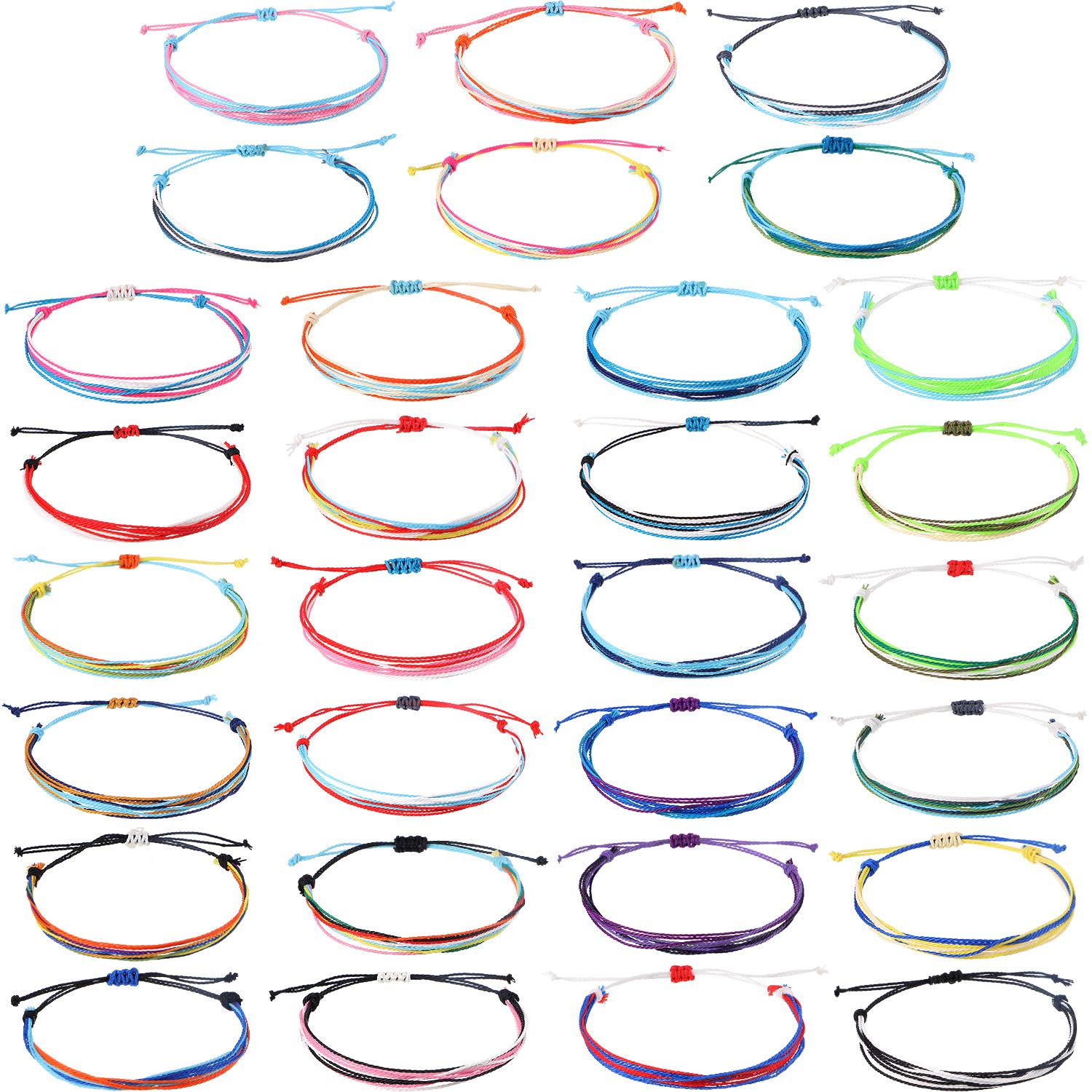 Hicarer 30 Pieces Adjustable Woven Anklets Bracelets Bohemian Braided Rope Bracelets Waterproof Wax Coated Anklets for Women (Multicolor)