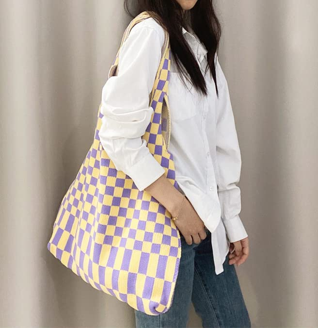 Knit Shoulder Bag for Women Extra Large Plaid Hobo Bag Chic Checkboard Satchel Tote Bag for Work School 2022 Black/White