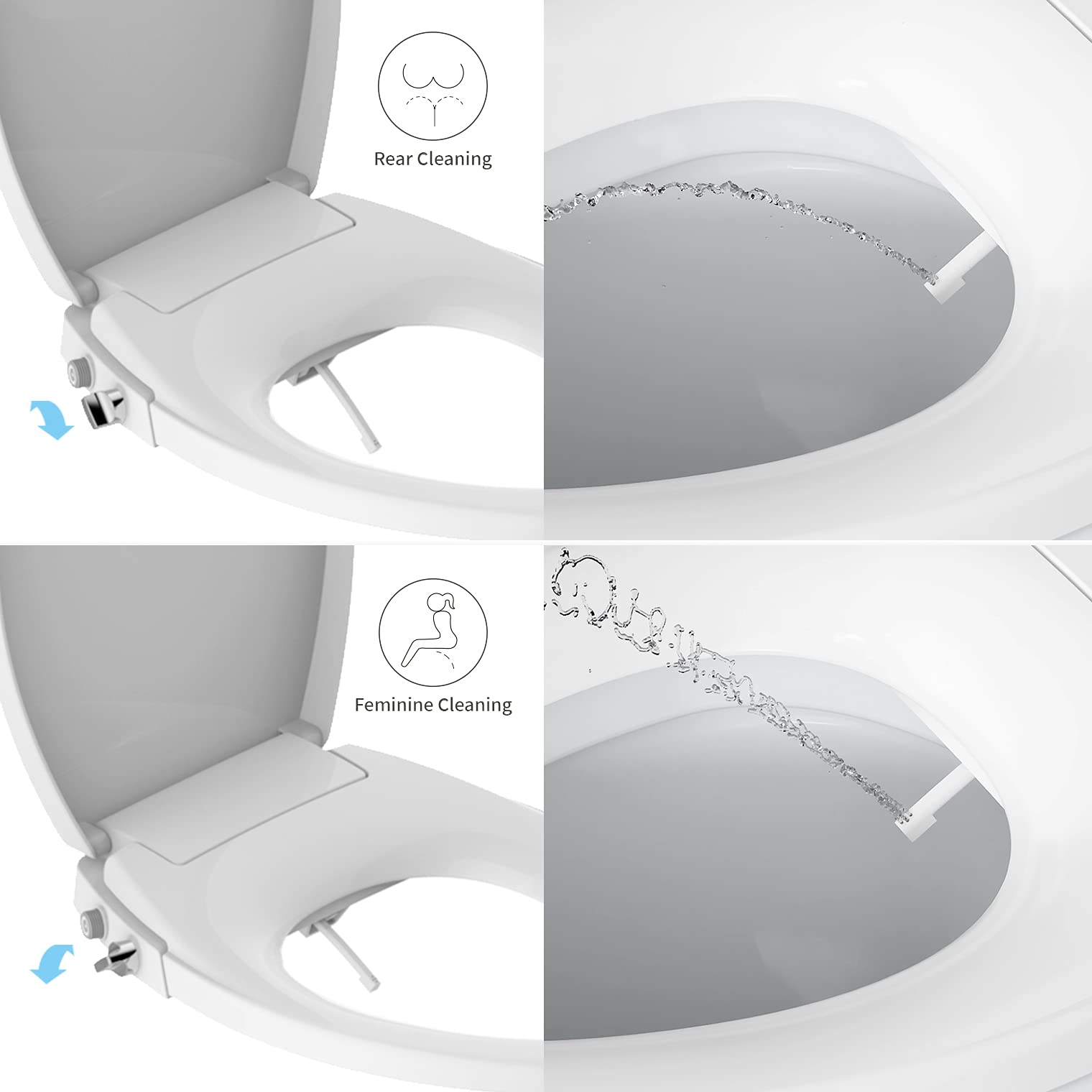 R&T Non-Electric Bidet Toilet Seat Elongated Self-Cleaning Dual Spray Nozzles for Rear & Feminine Wash