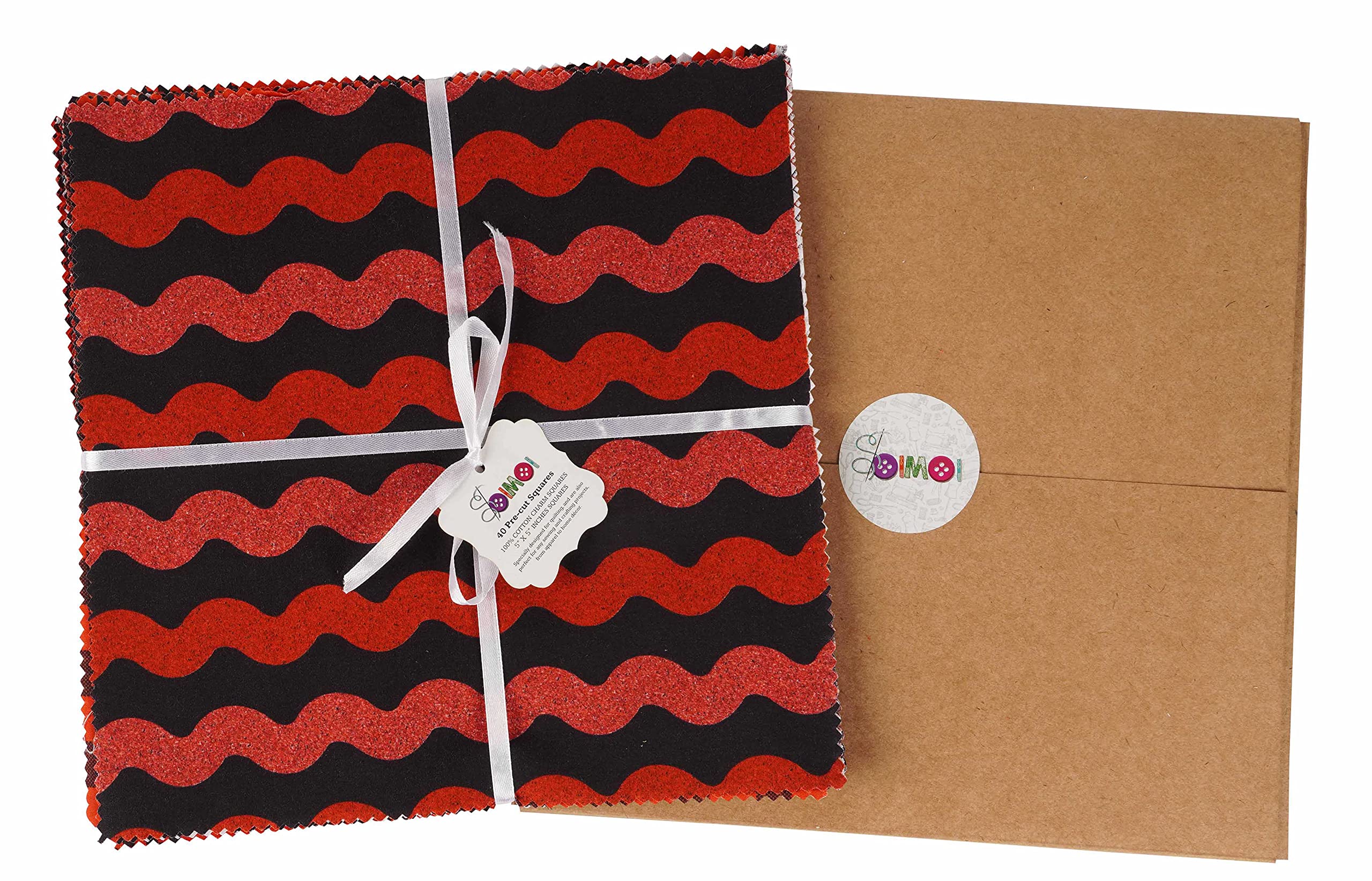 Soimoi Stripes Print Precut 5-inch Cotton Fabric Quilting Squares Charm Pack DIY Patchwork Sewing Craft- Red