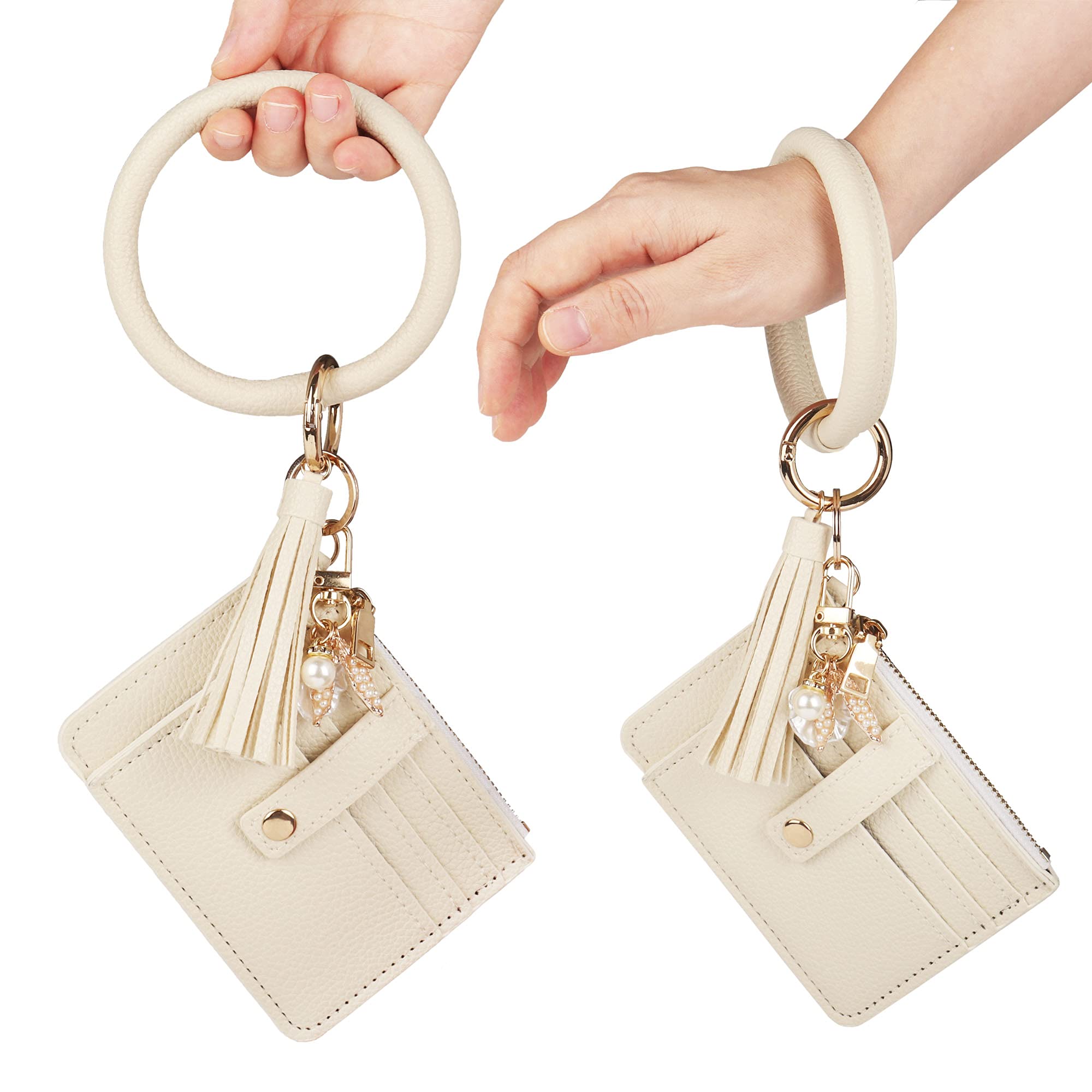 Guran Silicone Beaded Key Ring Bracelet Wallet with Card Holder, Purse Tassel Elastic Keychain Wristlet, Keyring Bangle for Womens (White)
