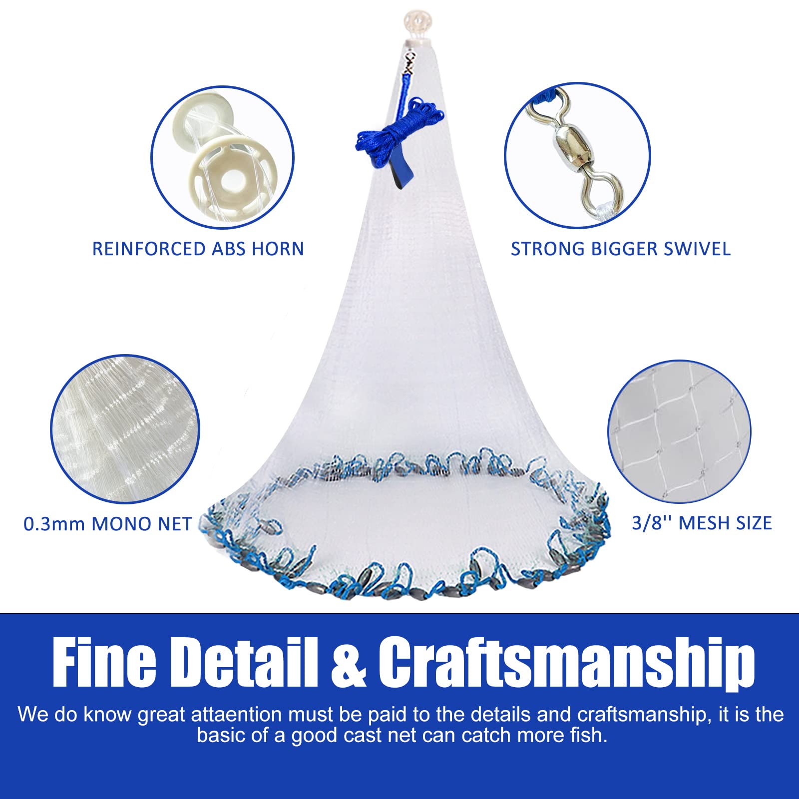 FunVZU Cast Net - Mono Fishing Casting Net 4ft/6ft/7ft/8ft - Heavy Duty Weight Throw Cast Net for Fishing - Casting Net for Bait Fish