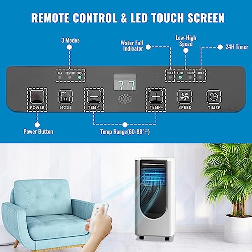 Portable Air Conditioner WANAI 8,000 BTU ASHARE Portable AC Unit, Built-in Dehumidifier & Fan Mode, Remote Control and Window Installation Kit Included, LED Display, for Home Office Garage Business