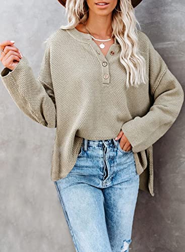 SHEWIN Sweaters for Women Trendy Waffle Knit Long Sleeve Button V Neck Loose Tops,(US 18-20) 2XL,Khaki
