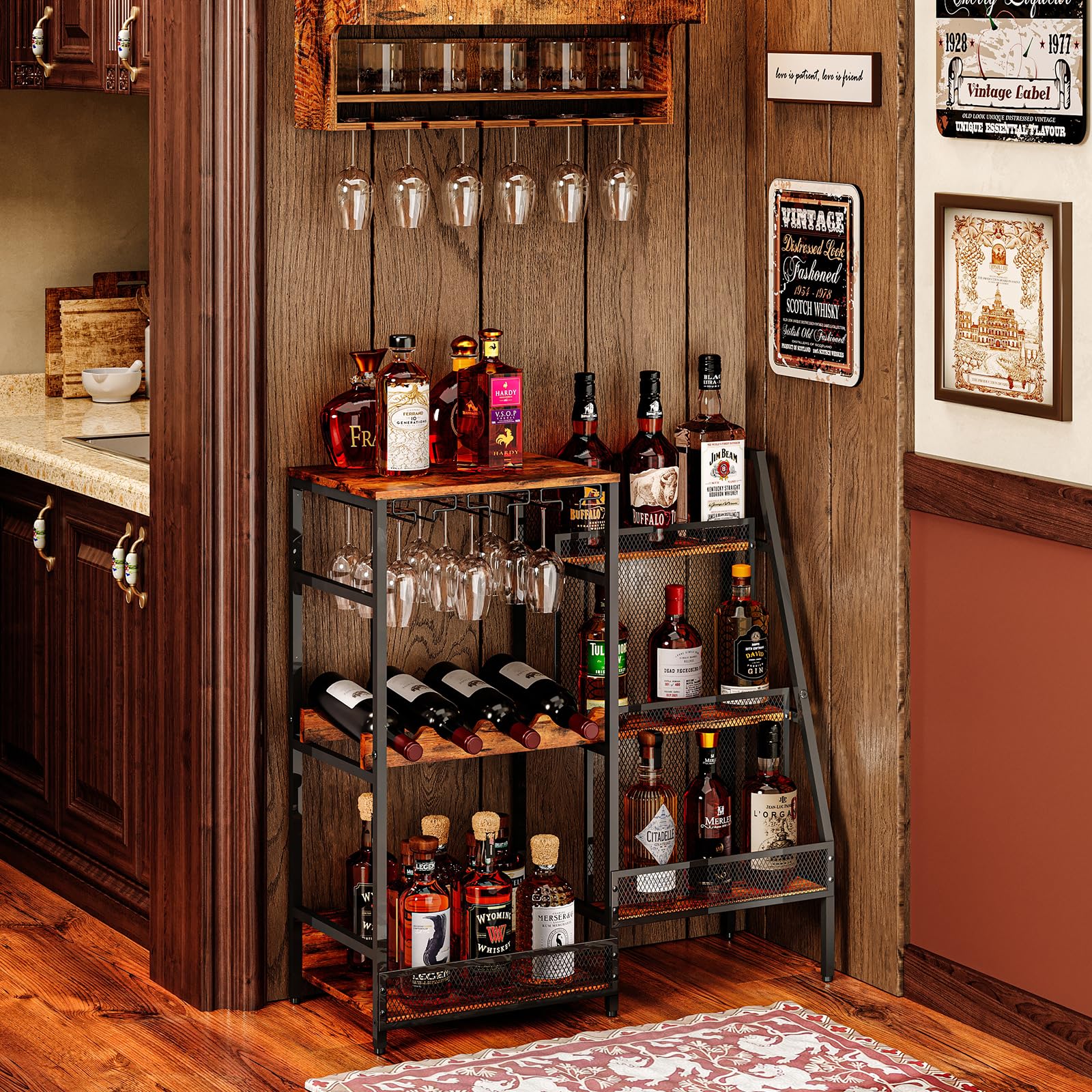Versatile Liquor Stand for Home Bar, Wine Rack Freestanding Floor, Mini Bar Table for Liquor Whiskey Wine, 3-Tier Trapezoidal Liquor Bottle Display Shelf with Glass Holder and Fences(Patent Pending)
