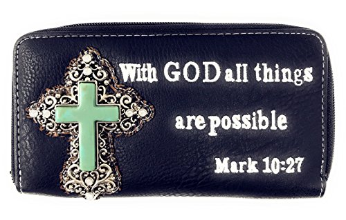 Western Style Embroidery Scripture Women Rhinestone Cross Bible Cover Book Case Crossbody Handbag Wallet in 5 Colors (Black Set)