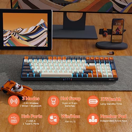 RK ROYAL KLUDGE RK100 Wireless Mechanical Keyboard, Bluetooth5.1/2.4G/Wired 96% Full Size 100-Key Hot Swappable Gaming Keyboard with 3 USB Ports, Red Switch for Mac Windows, Carbon